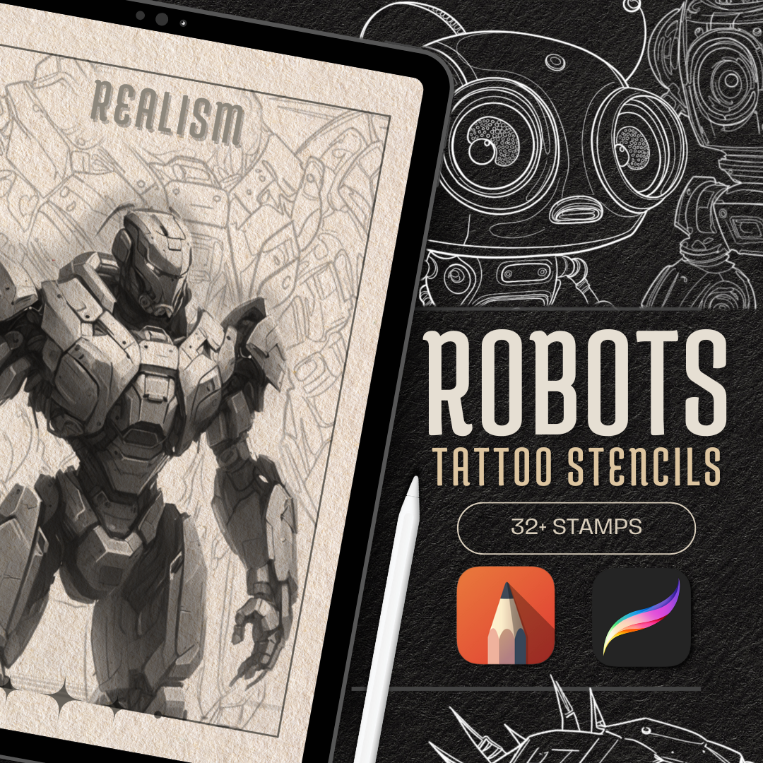 Robots – Realism Tattoo Stencil Pack | 32 Designs for Procreate, Sketc