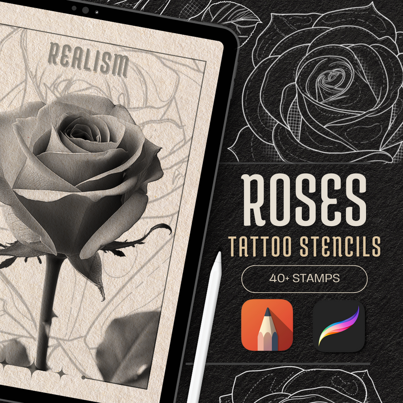 Roses – Realism Tattoo Stencil Pack | 40 Designs for Procreate, Sketch